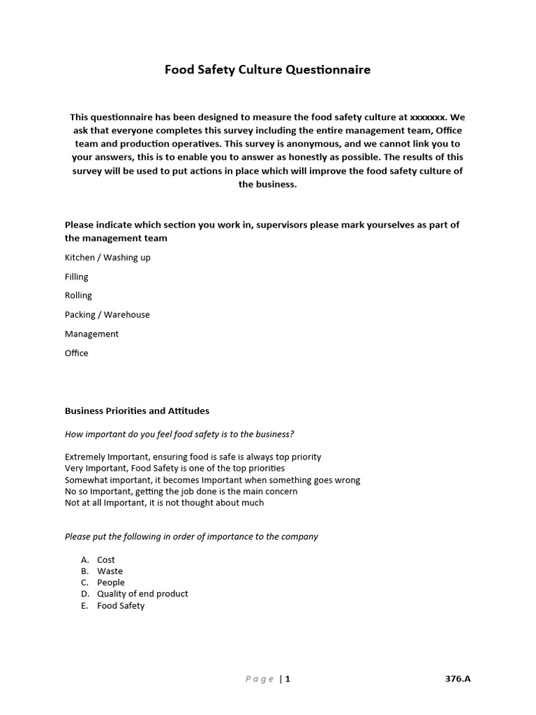 Food Culture Questionnaire | PDF | Food Safety | Hygiene
