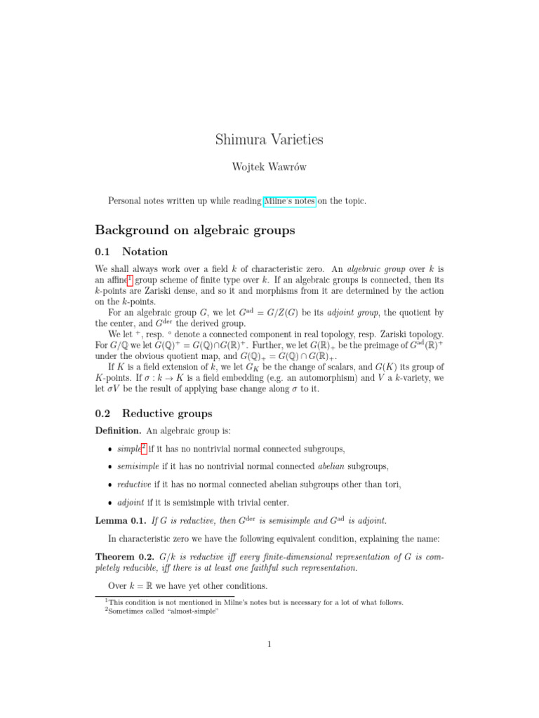 Shimura notes | PDF | Group (Mathematics) | Representation Theory
