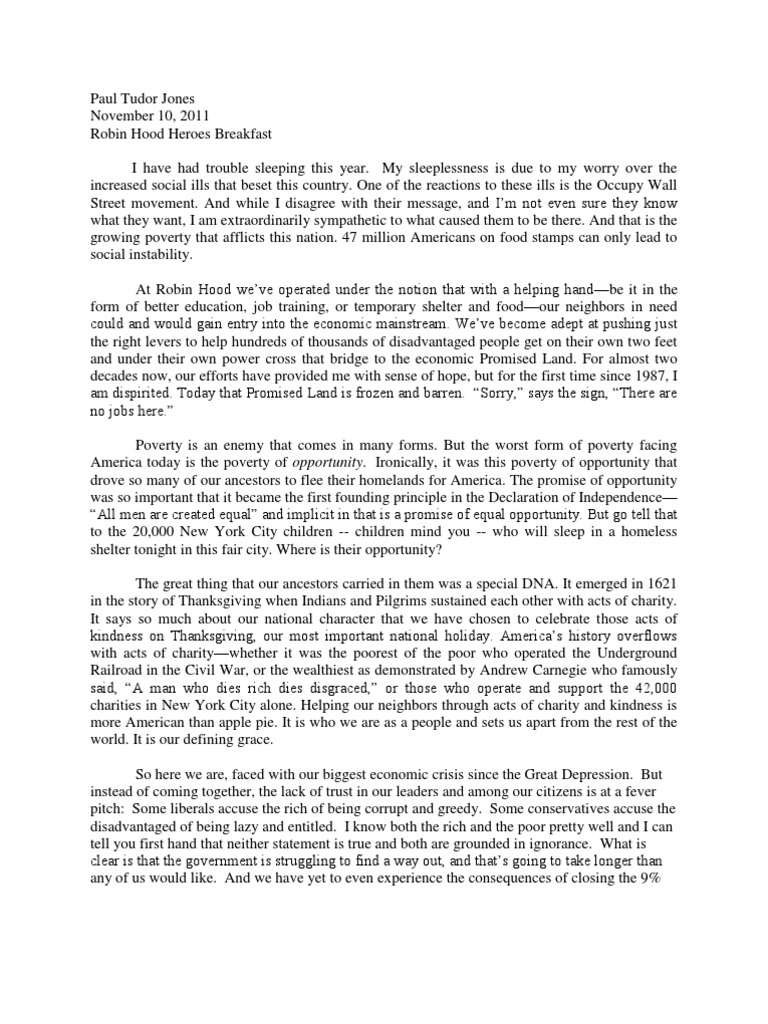 Paul Tudor Jones, Robin Hood Heroes Breakfast, 11/10/11 | PDF | Poverty ...