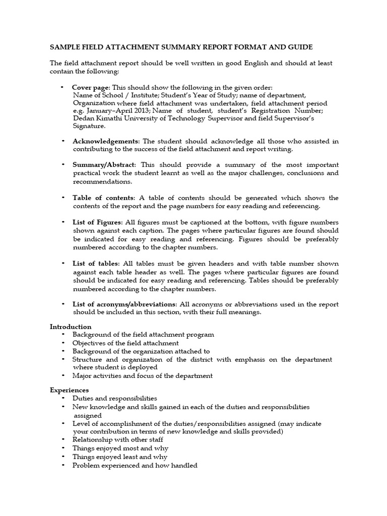Sample Field Attachment Summary Report Format and Guide | PDF | Human ...