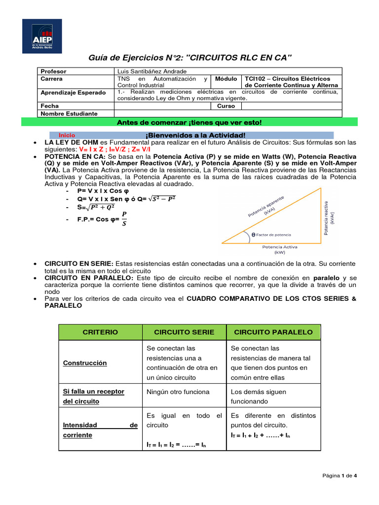Guía de Ejercicios N°2 Circuitos RLC en CA | PDF | Energia electrica | Resistencia Eléctrica y ...