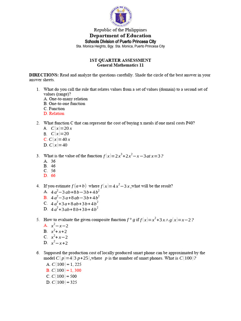 GM-Q1-ASSESSMENT-key-to-correction | PDF | Function (Mathematics) | Complex Analysis