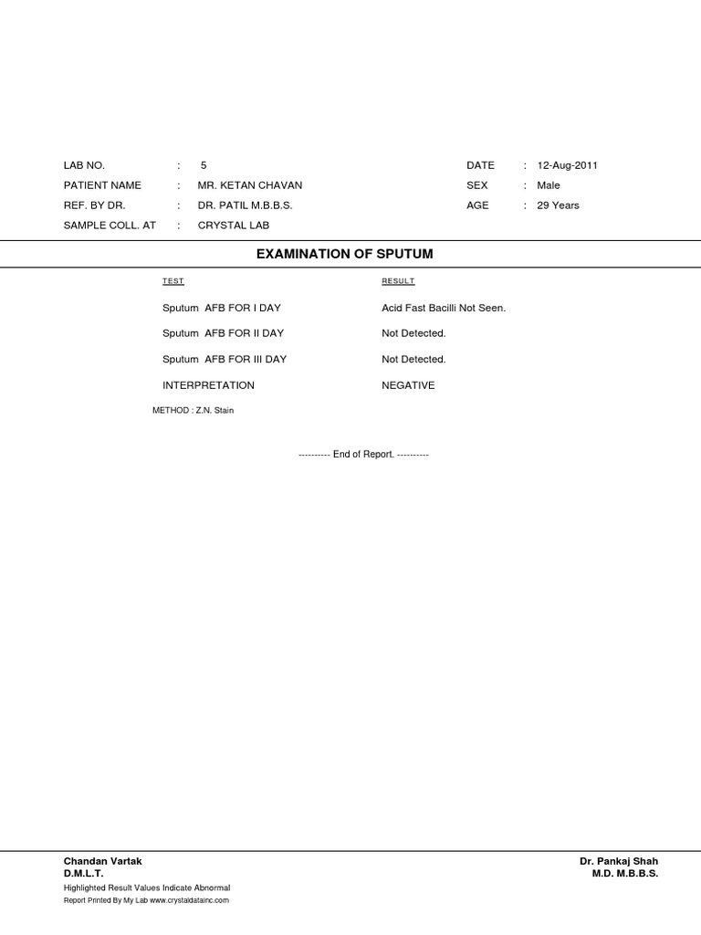 Sputum AFB Test Results for Ketan Chavan | PDF