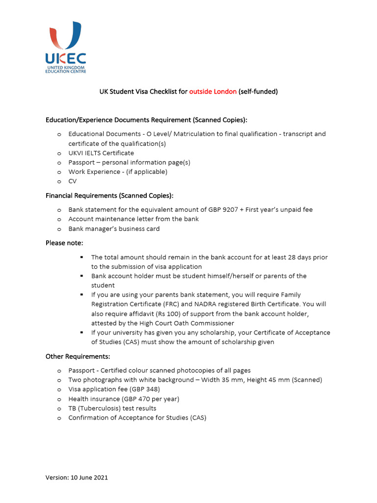 UK Student Visa Checklist For Outside London (Self-Funded) | PDF ...