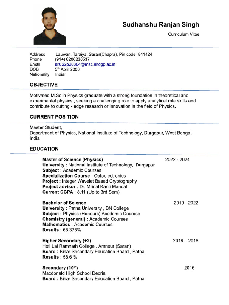 Sudhanshu CV 2024 - Sudhanshu Ranjan Singh | PDF