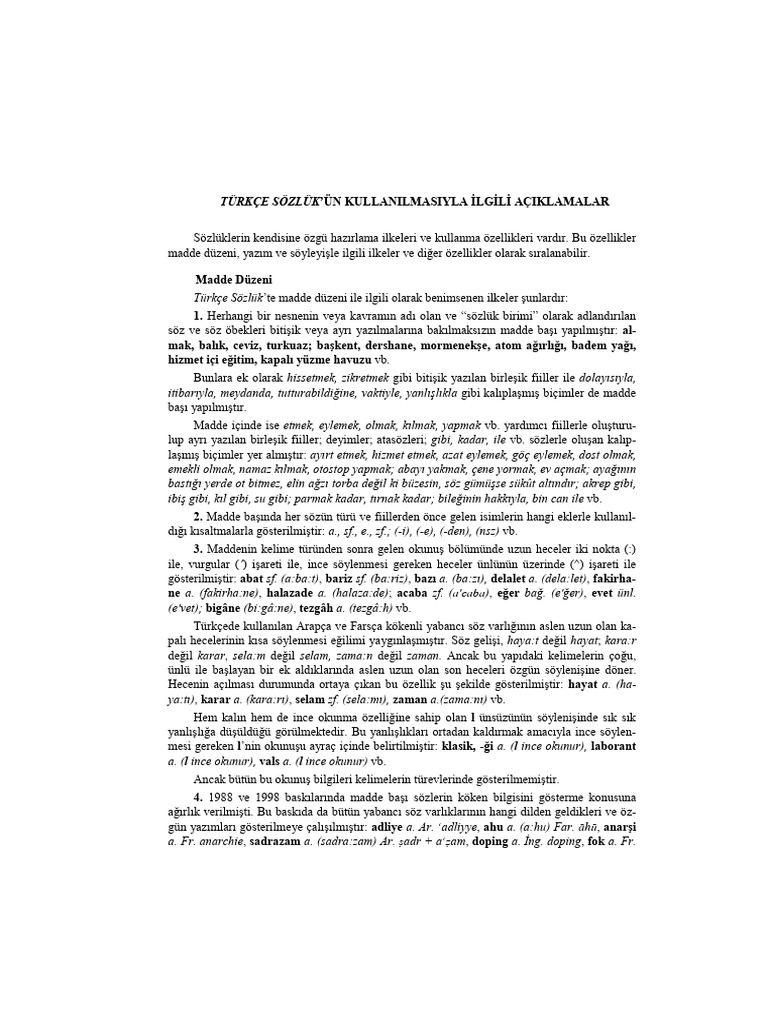 Sozlugun Kullanimi Ile Ilgili Aciklamalar | PDF