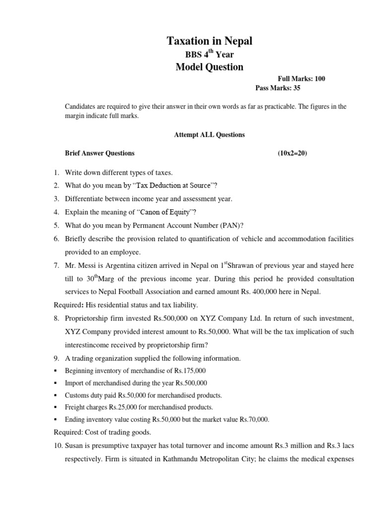 3 Model Question BBS 3rd Taxation in Nepal | PDF | Expense | Taxes