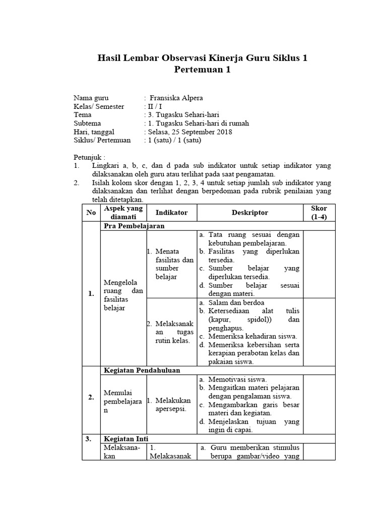 Hasil Lembar Observasi Kinerja Guru Sikl | PDF