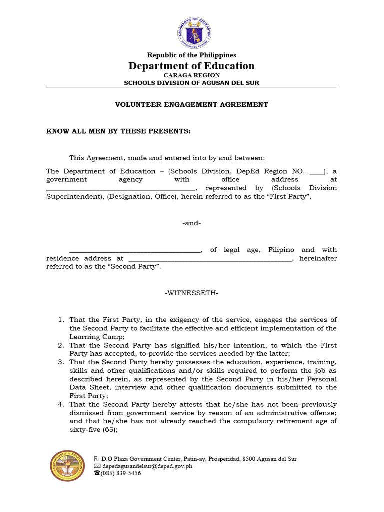 Volunteer Engagement Agreement for Learning Camp | PDF | Learning