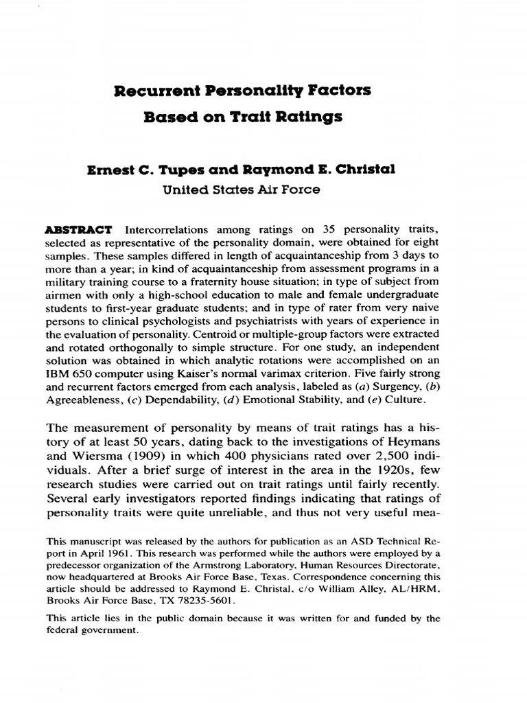 Recurrent Personality Factors Based On Trait Ratings: Ernest C. Tupes ... Recurrent Personality Factors Based On Trait Ratings: Ernest C. Tupes ...
