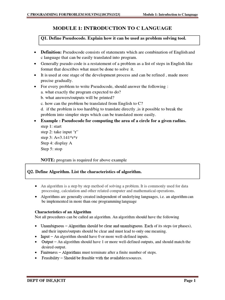 Module 1 Introduction To C Language Q1 Define Pseudocode Explain