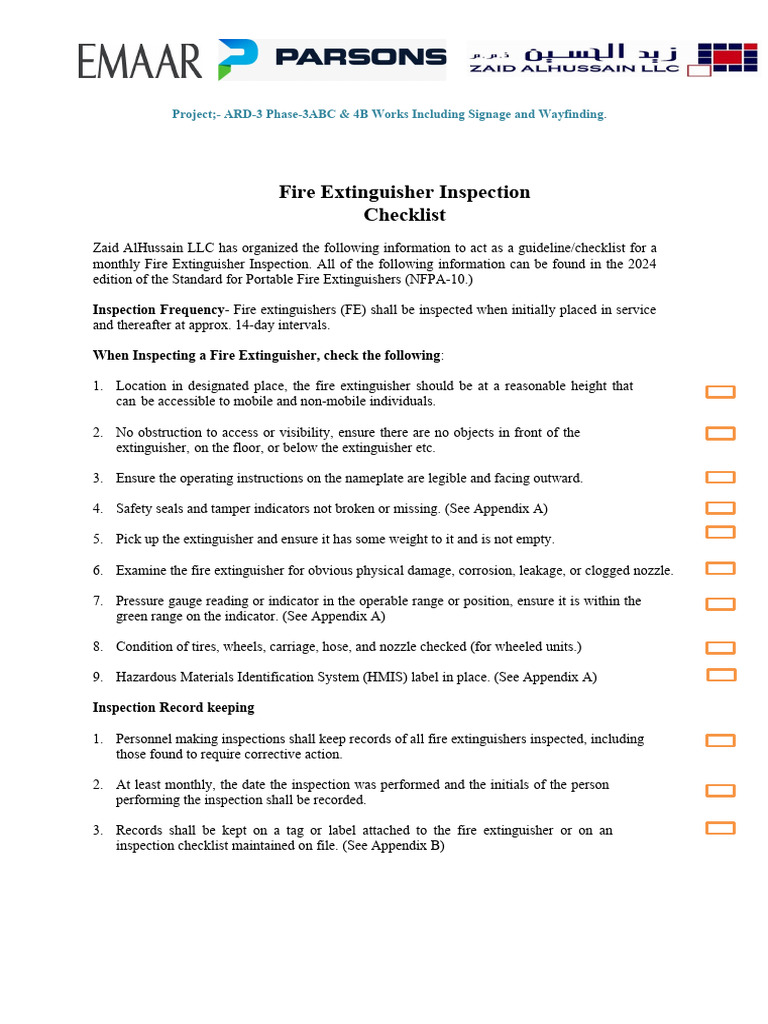 Monthly Fire Extinguisher Inspection Checklist | PDF | Safety