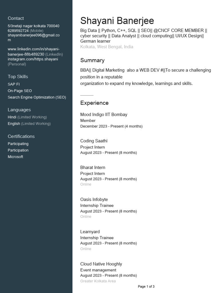 Shayani Banerjee: Contact | PDF | Computing | Software