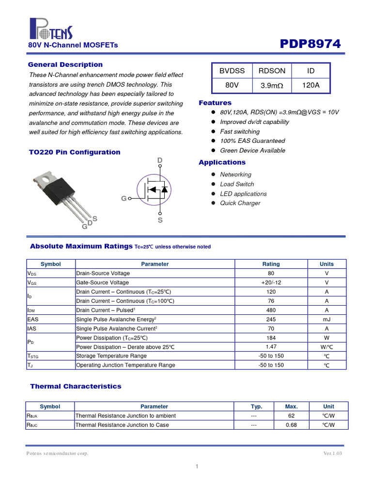 PDP8974 Potens Semiconductor | PDF | Field Effect Transistor | Mosfet