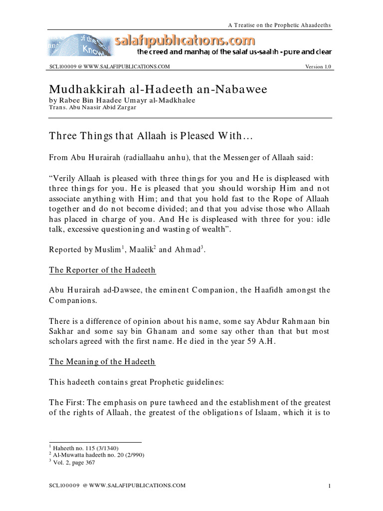 Mudhakkirah Al-Hadeeth An-Nabawee: Three Things That Allaah Is Pleased ...