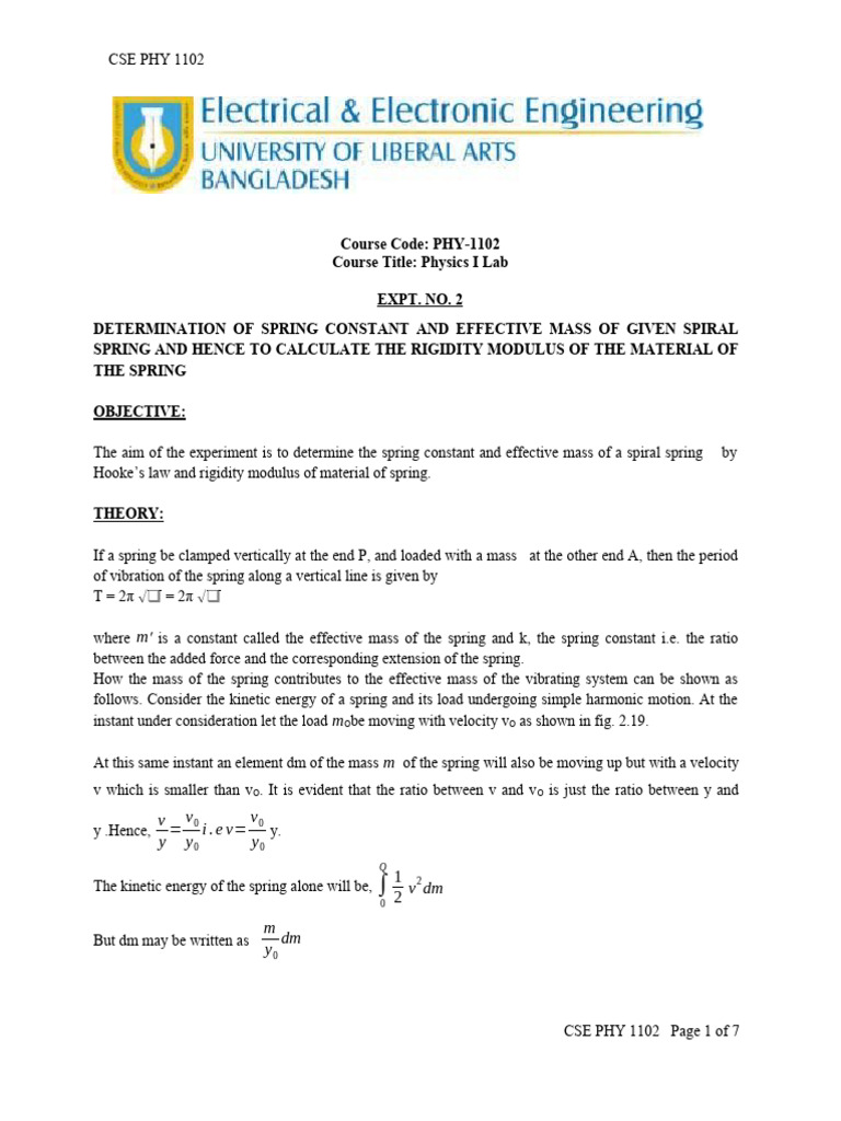 PHY102 - EXPT - SpringConstantAndEffectiveMass (Edited) | PDF | Oscillation | Mechanics