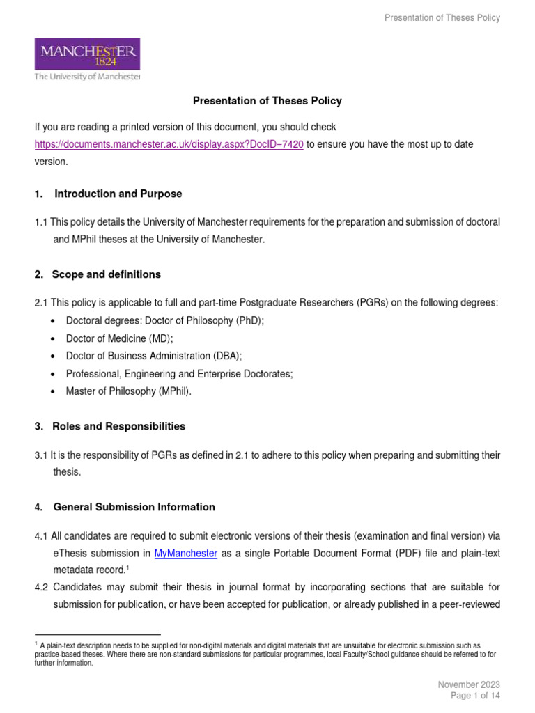 UoM Presentation of Theses Policy (PGR) FINAL NOV 2023 | PDF | Thesis ...