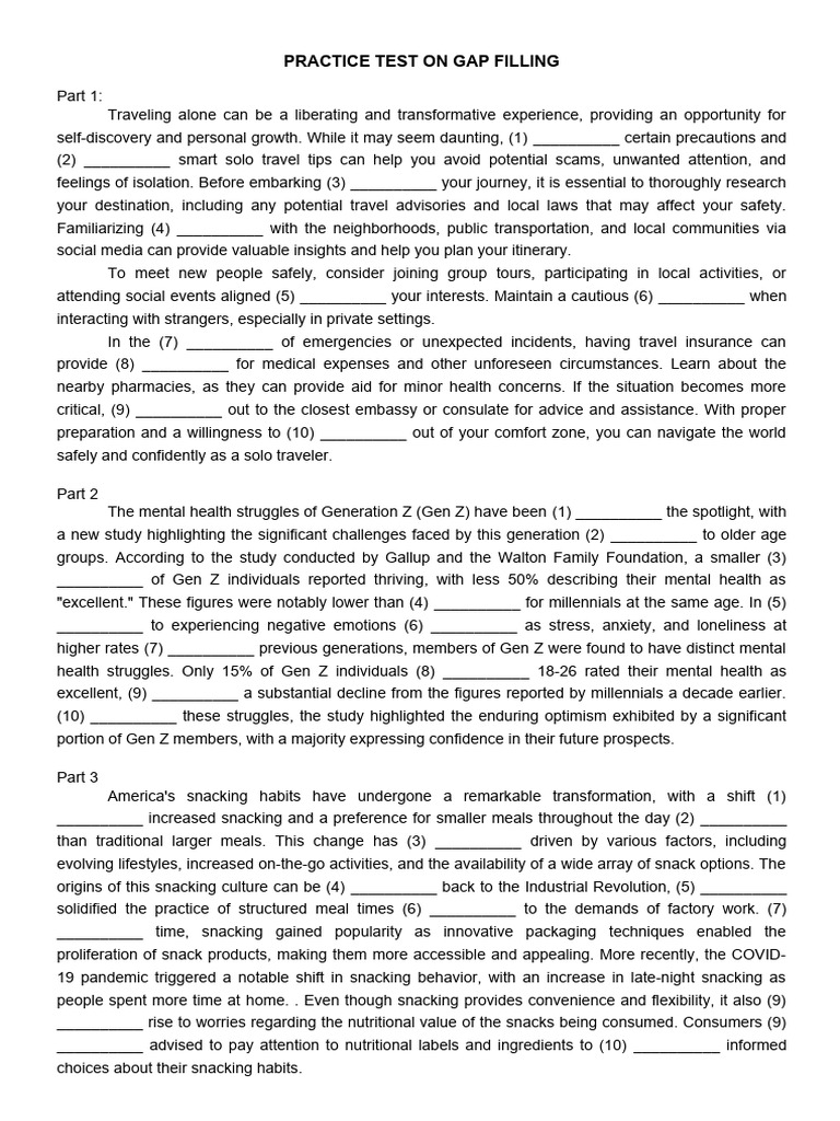 Practice Test On Gap Filling | PDF | Pet | Behavioural Sciences