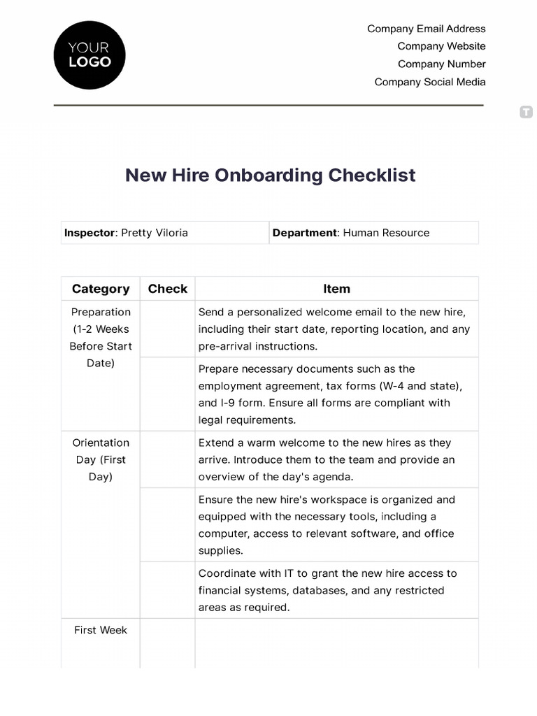 New Hire Onboarding Checklist HR Template - Edit Online & Download ...