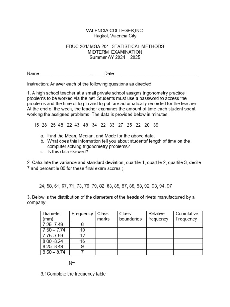 Midterm Summer 2024 | PDF | Median | Mode (Statistics)