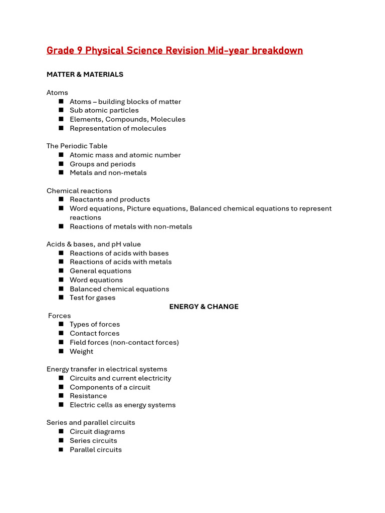 Grade 9 Physical Science Revision Mid Year Breakdown | PDF