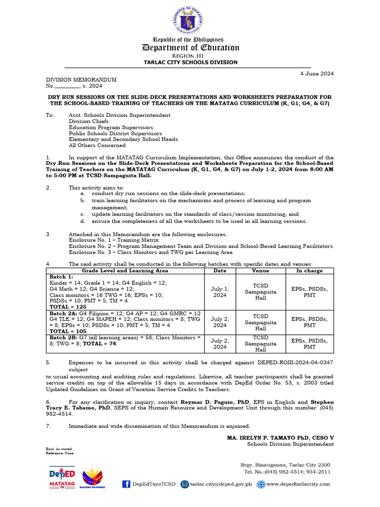 Memo School-Based Matatag Dry Run | PDF
