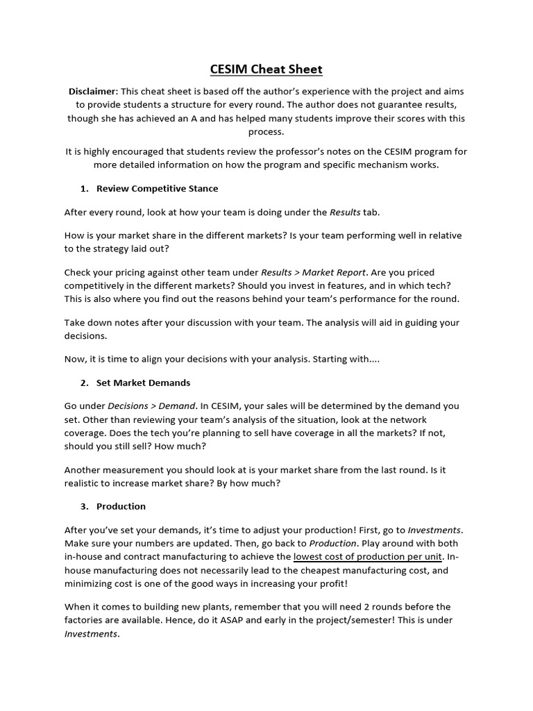 International Business CESIM Cheat Sheet | PDF | Profit (Economics ...