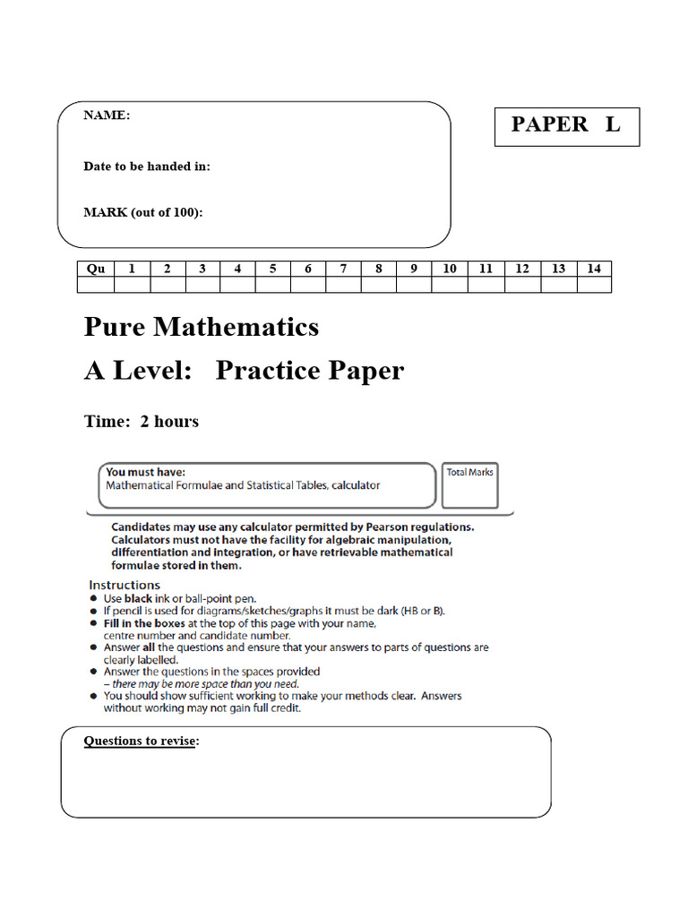 12a A Level Mathematics Practice Paper L - Pure Mathematics | PDF | Mathematical Analysis ...