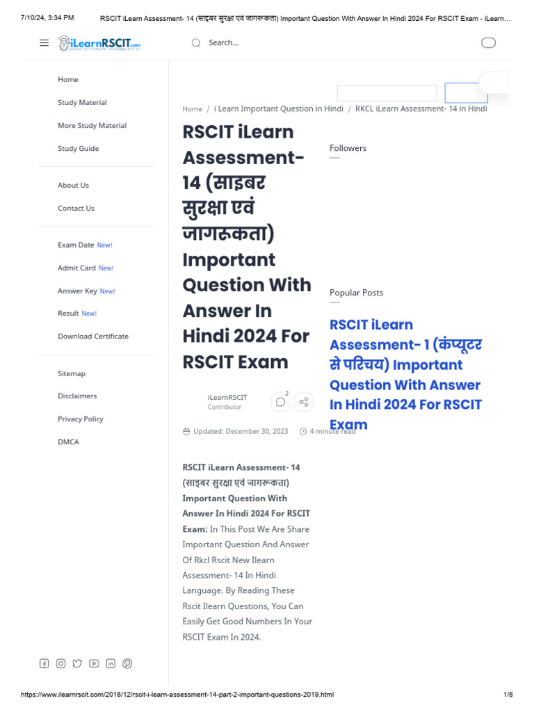 Rscit Ilearn Assessment-14 (साइबर सुर ा एवं जाग कता) Important Question ...