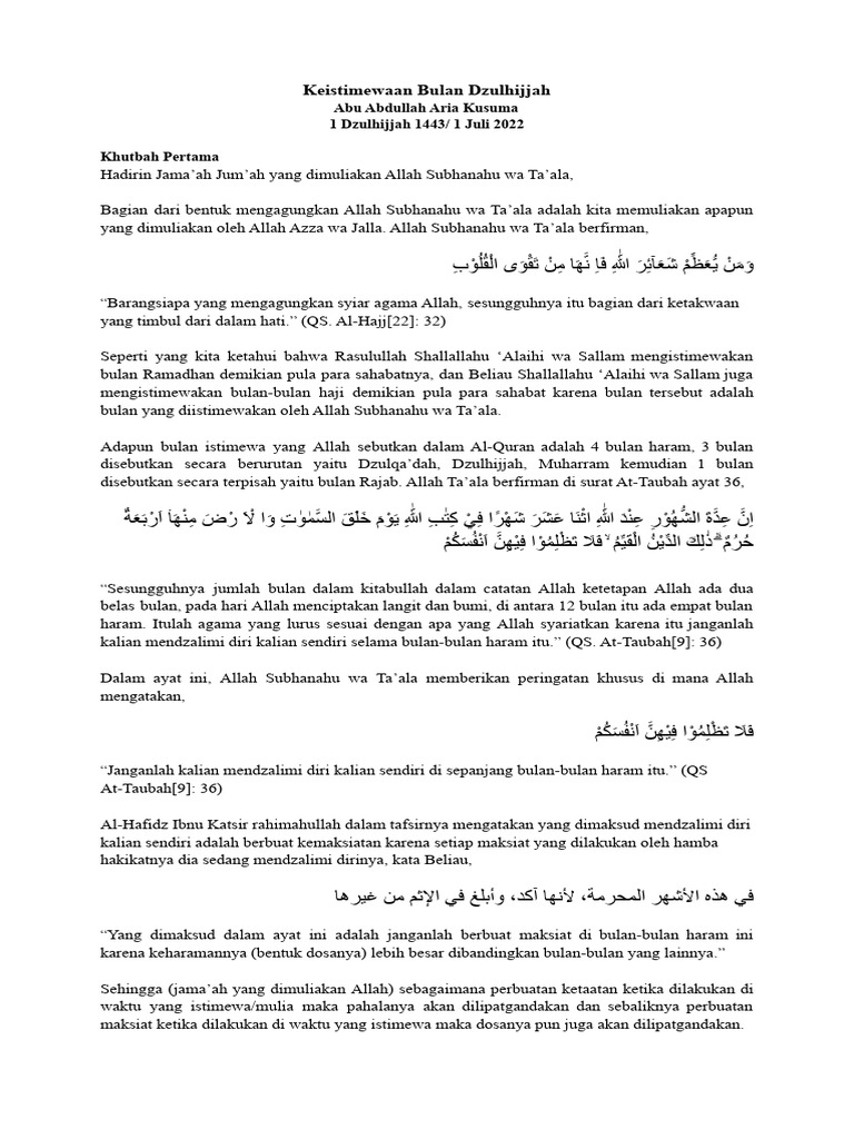 Khutbah Keistimewaan Bulan Dzulhijjah | PDF Khutbah Keistimewaan Bulan Dzulhijjah | PDF