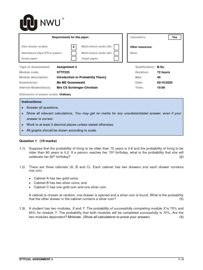 STTF225 - Assignment 2 - 2020 | PDF | Applied Mathematics