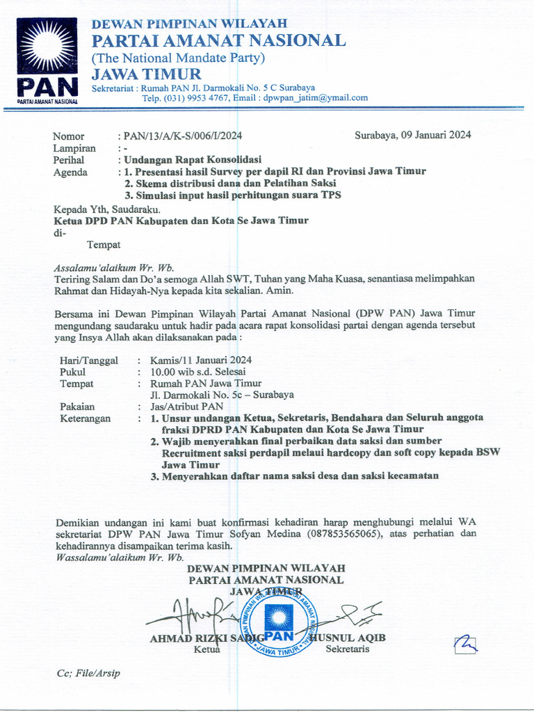 Undangan Rapat Konsolidasi DPD Pan Kabupaten Dan Kota Se Jawa Timur | PDF