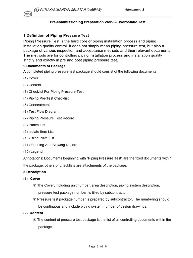 Attachment 3 Pre-Commissioning Preparation Work - Hydrostatic Test ...