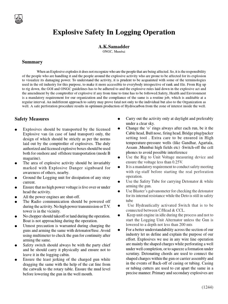 Explosive Safety in Logging Operation | PDF | Casing (Borehole)
