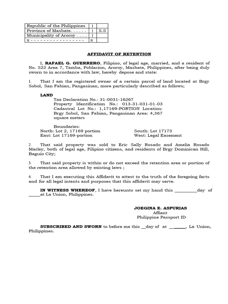 Affidavit of Retention for Property | PDF | Social Science | Law