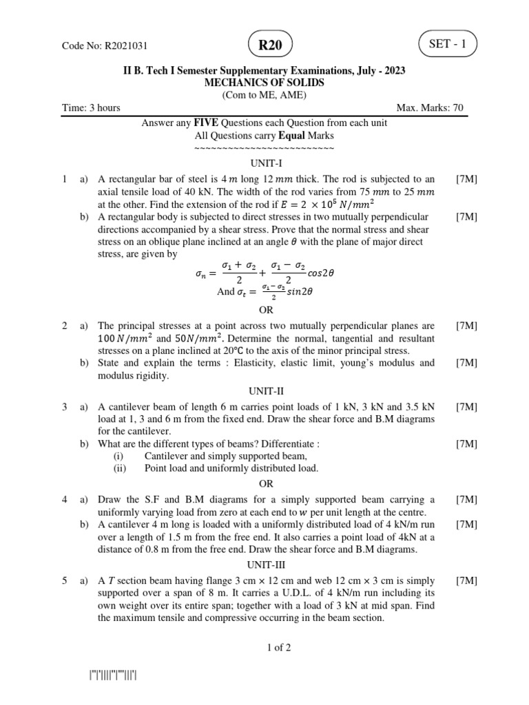 MECHANICS-OF-SOLIDS - Question Paper | PDF | Beam (Structure) | Stress ...