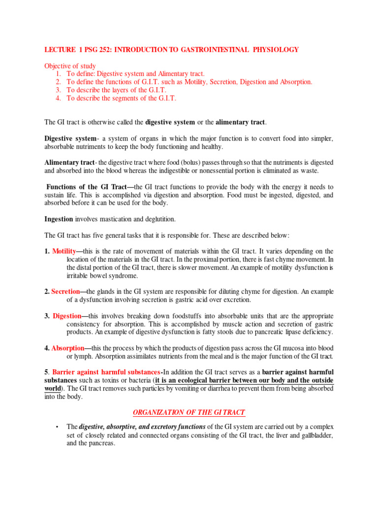PSG 252 Lecture 1 Introduction To Gastrointestinal Physiology | PDF ...