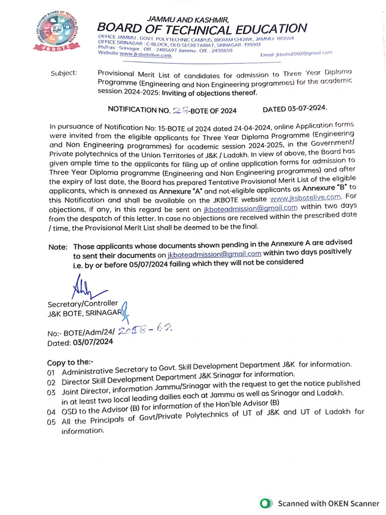 Provisional Merit List 2024 JKBOTE | PDF