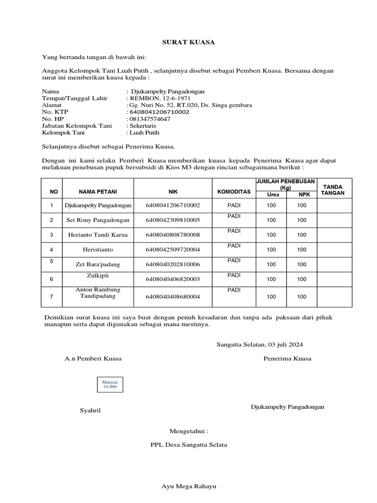 Surat Kuasa Pengambilan Pupuk Subsidi Luah Putih-1 | PDF
