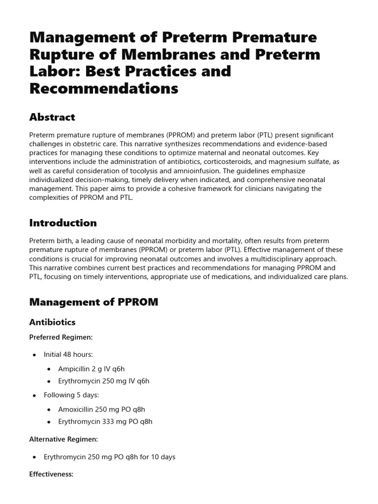 Management of PPROM and PTL, Best Practices and Recommendations | PDF ...