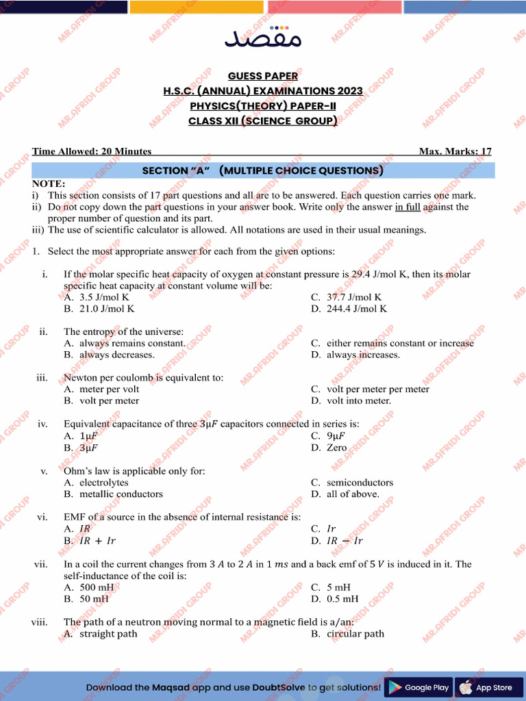Xii-Physics Guess Paper by Maqsad App | PDF