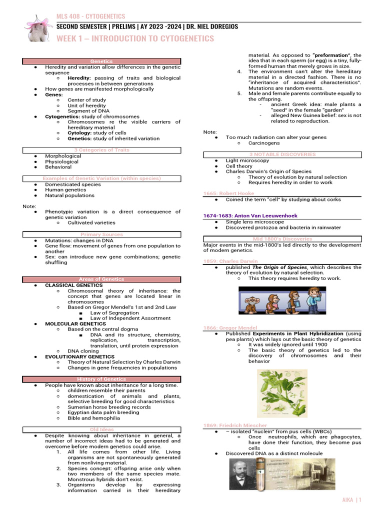 Cytogen Week 1 Introduction To Cytogenetics | PDF | Genetics | Heredity