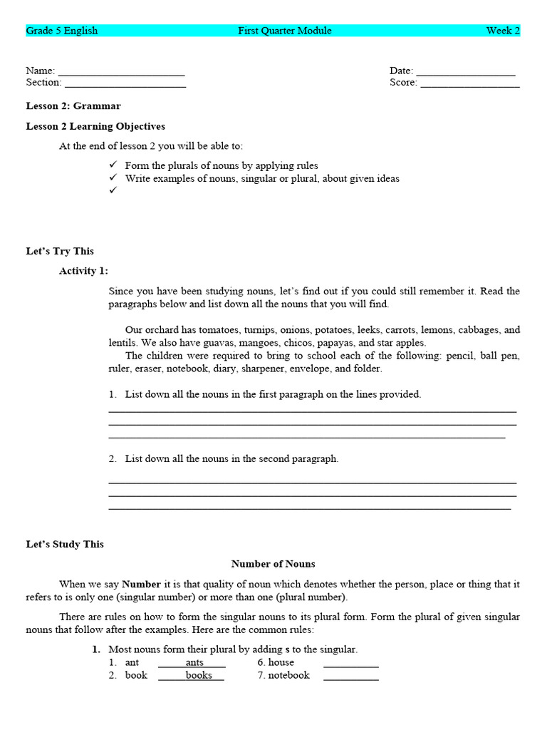 Grade 5 English First Quarter Module Week 2 | PDF | Plural ...