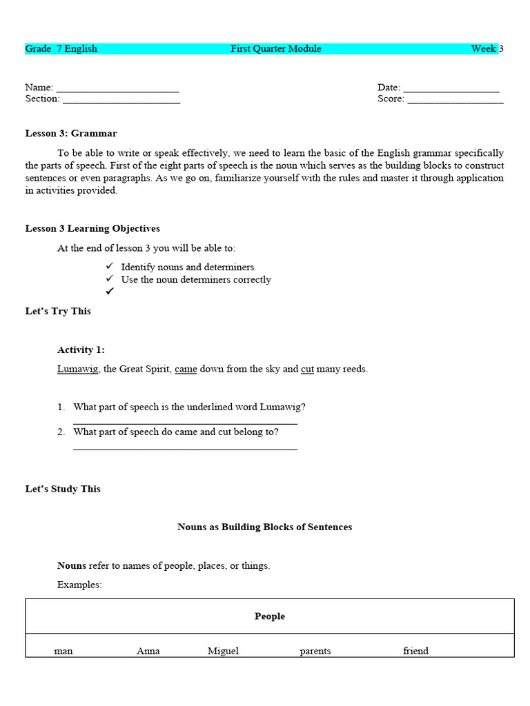 G7 Eng Module Week 1 Gramm | PDF | Noun | Grammatical Number