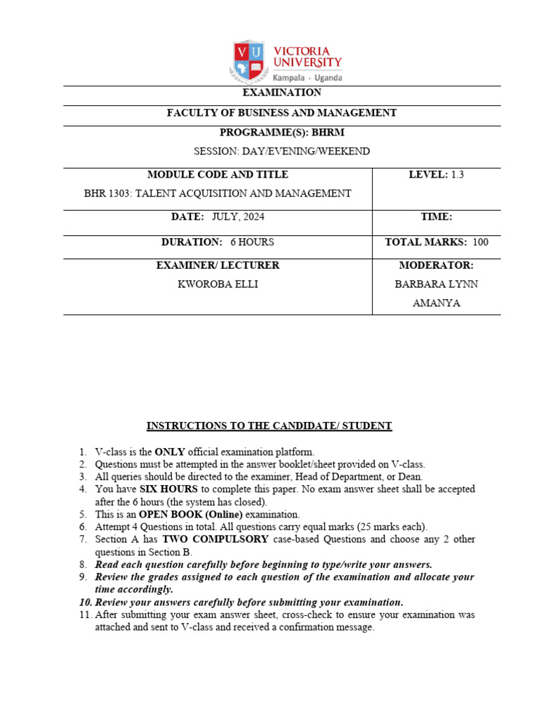 Talent Acquisition Exam: BHRM 2024 | PDF | Human Resource Management | Industrial And ...