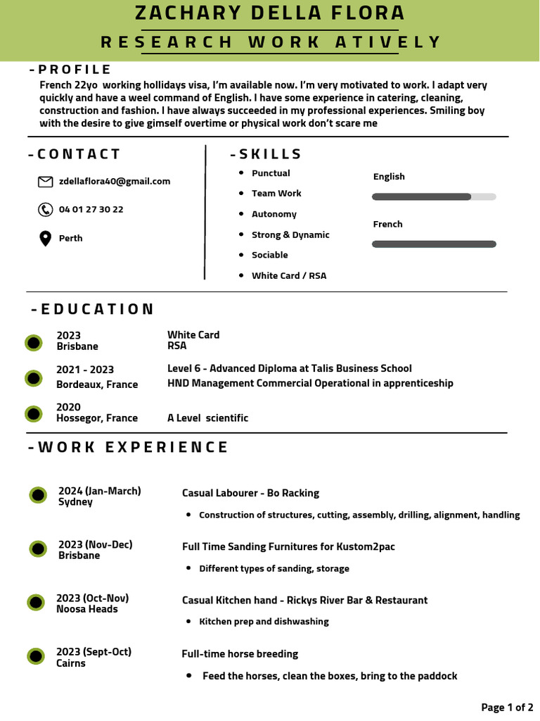 CV Final Australie Zachary | PDF | Restaurants | Cooking