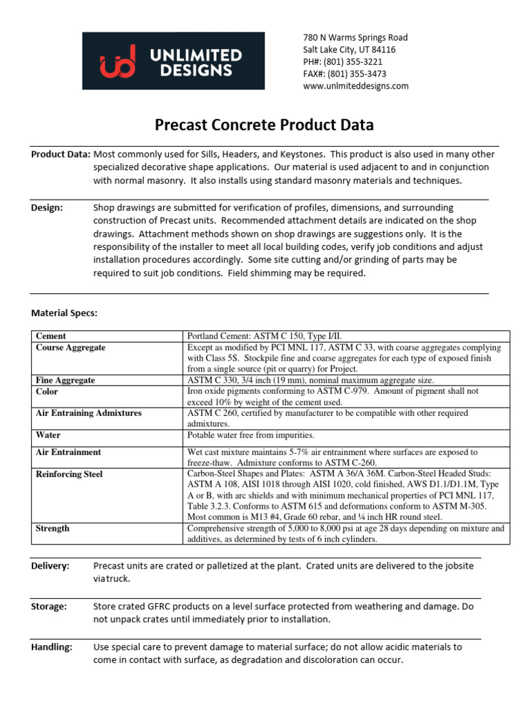Precast-Product-Data-Sheet | PDF | Concrete | Cement