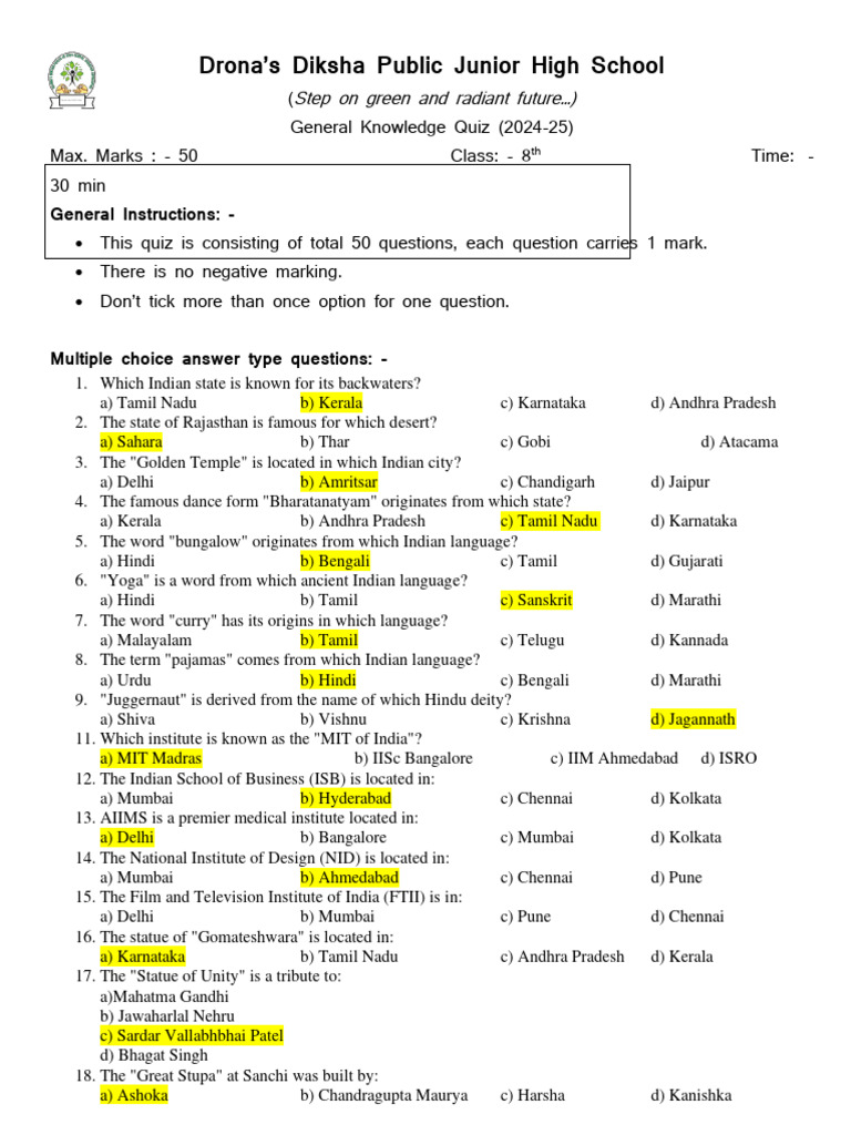 Class - 8th GK Quiz | PDF