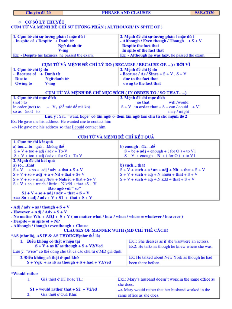 9AB.CD20 CHUYÊN ĐỀ 20 PHRASE AND CLAUSES (CỤM TỪ VÀ MỆNH ĐỀ) | PDF ...