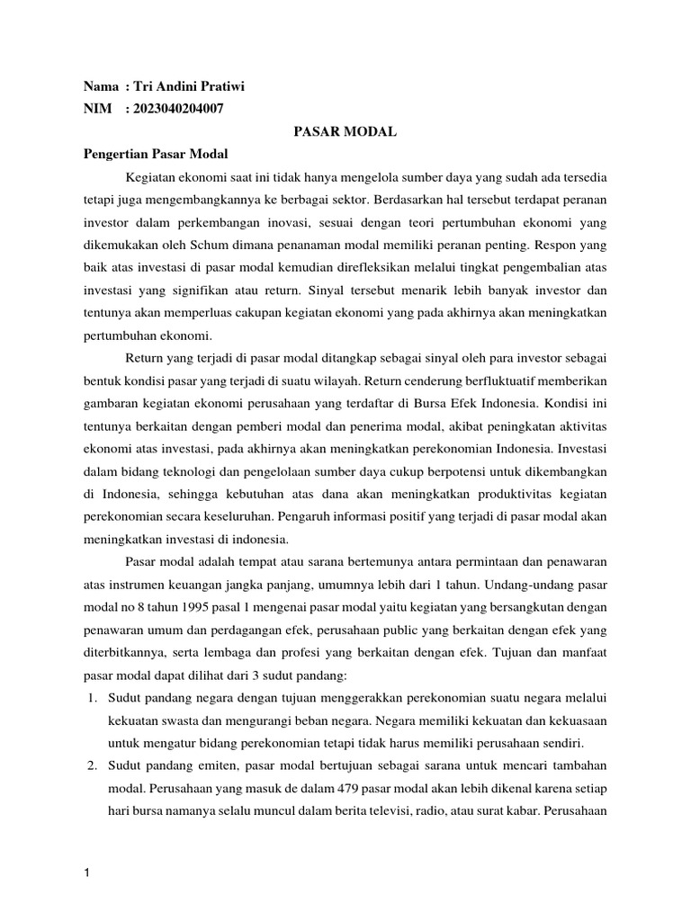 Pasar Modal (Tri Andini Pratiwi 2023040204007) | PDF